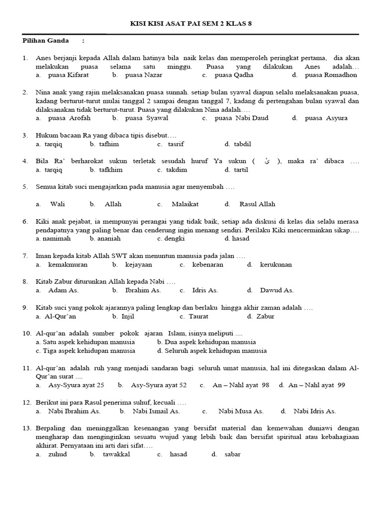Kisi-Kisi PAI Kelas 8 | PDF