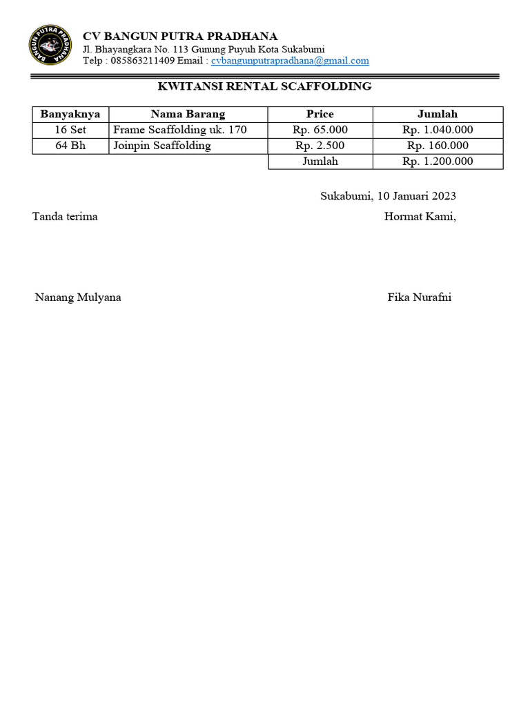 Kwitansi SC - Pak Nanang Tambahan Januari | PDF