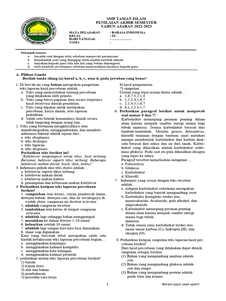 Penilaian Akhir Semester Bahasa Indonesia IX | PDF | Sains & Matematika