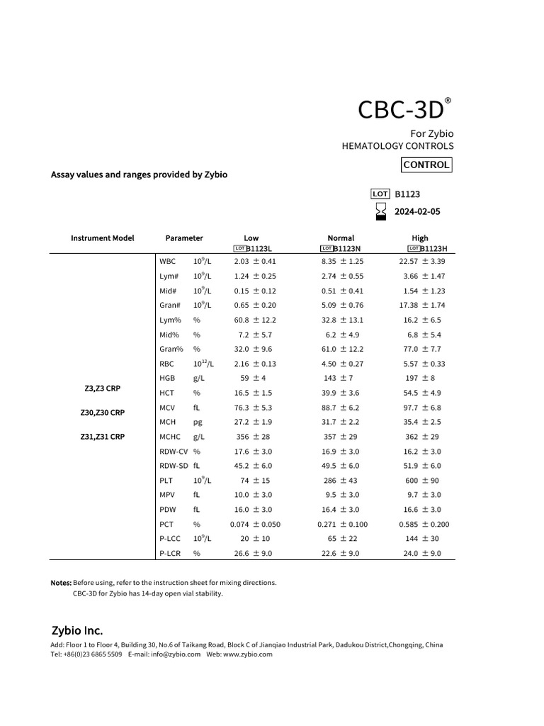 CBC-3D: Assay Values and Ranges Provided by Zybio | PDF