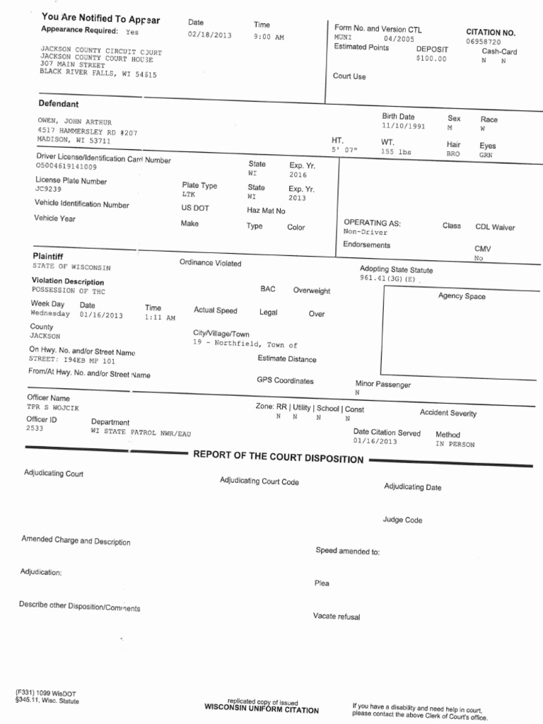 TNC Arrest Citation For John Arthur Owen | PDF