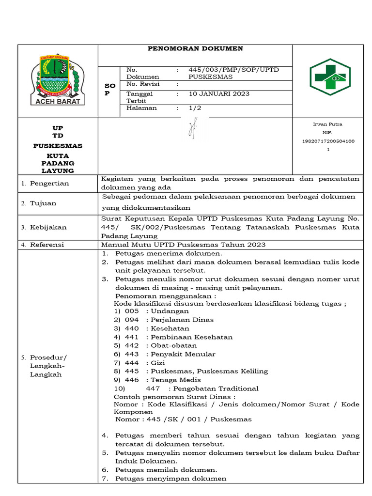 Sop 3 Penomoran Dokumen Layung | PDF