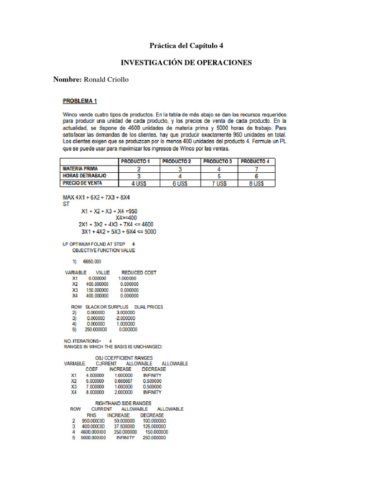 PrácticaCapítulo4 IO Ronald Criollo | PDF
