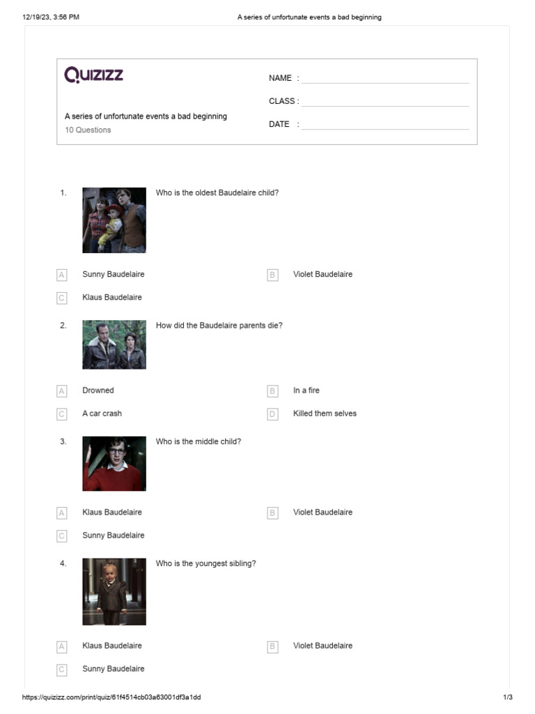 The Bad Beginning Quiz | PDF | A Series Of Unfortunate Events | Lemony ...