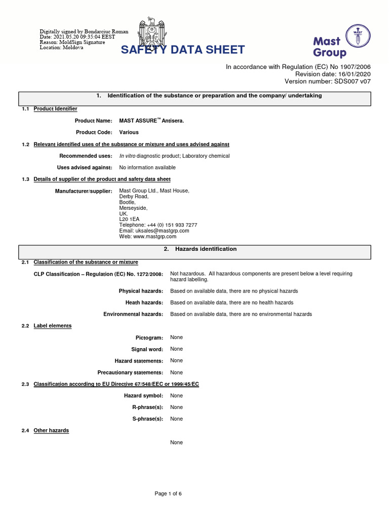 Mast Assure Anti-Sera Safety Data Sheet Sds007.semnat | PDF