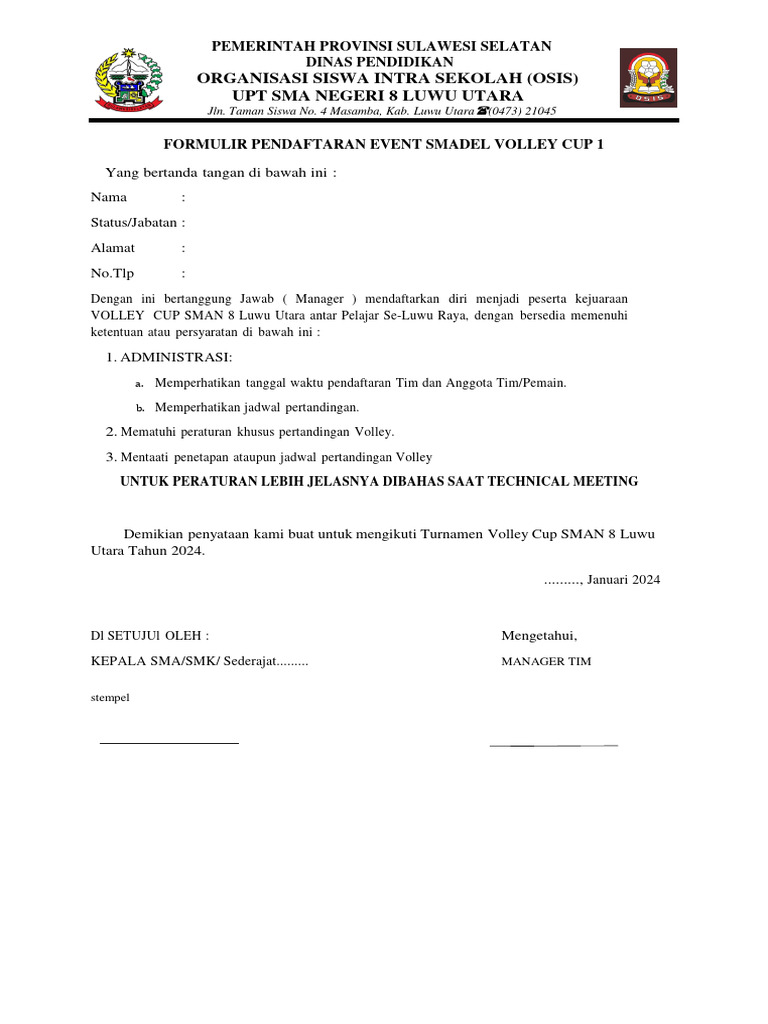 Formulir Pendaftaran Event Smadel Volley Cup 1 | PDF