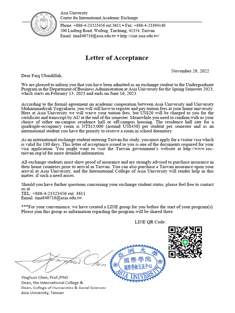 Asia University Exchange Acceptance Letter | PDF | Dormitory | Taiwan