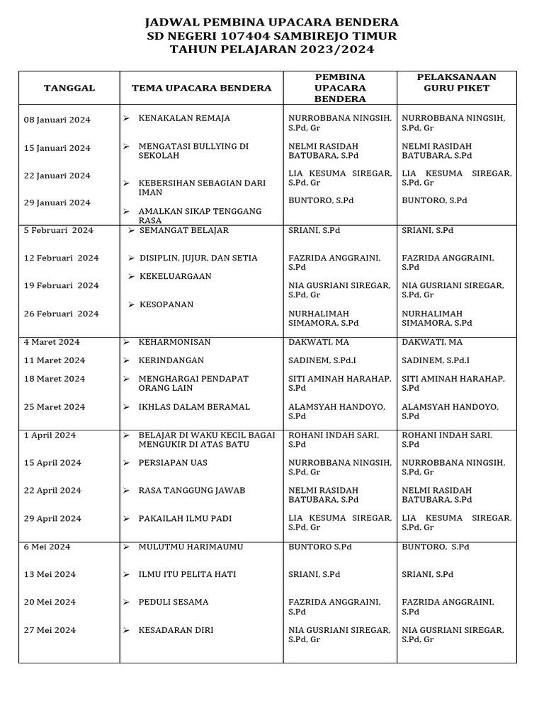 Jadwal Pembina Upacara Bendera 2023-2024 | PDF