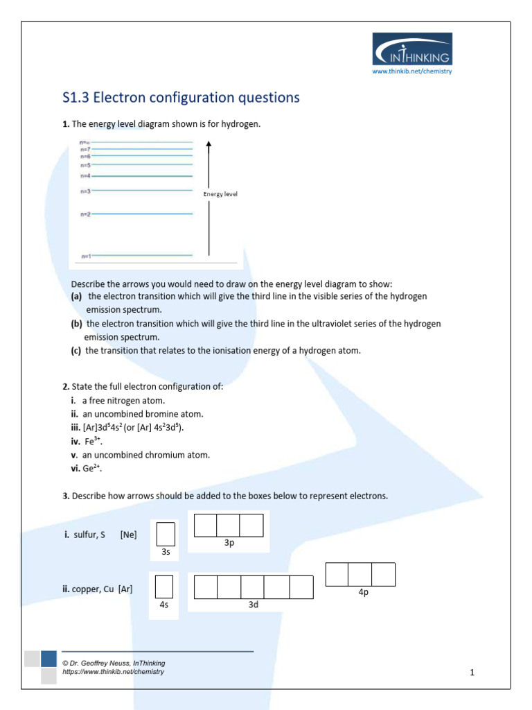 Q S1 3 Electron Configuration Questions Pdf Teaching Methods And Materials