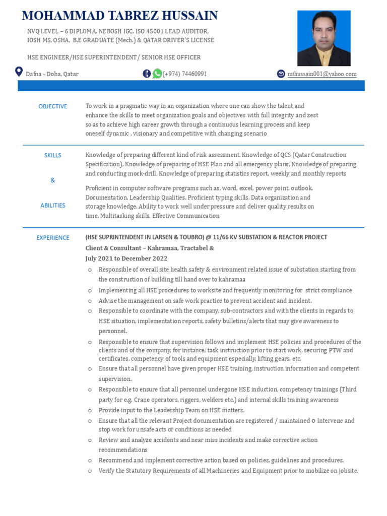 Moh'd Tabrez Hussain Cv (8) | PDF | Safety | Regulatory Compliance