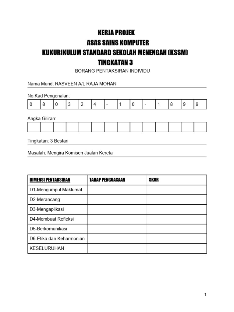 Rasveen A - L Raja Mohan Moe - Kerja Projek Ask - A1 | PDF