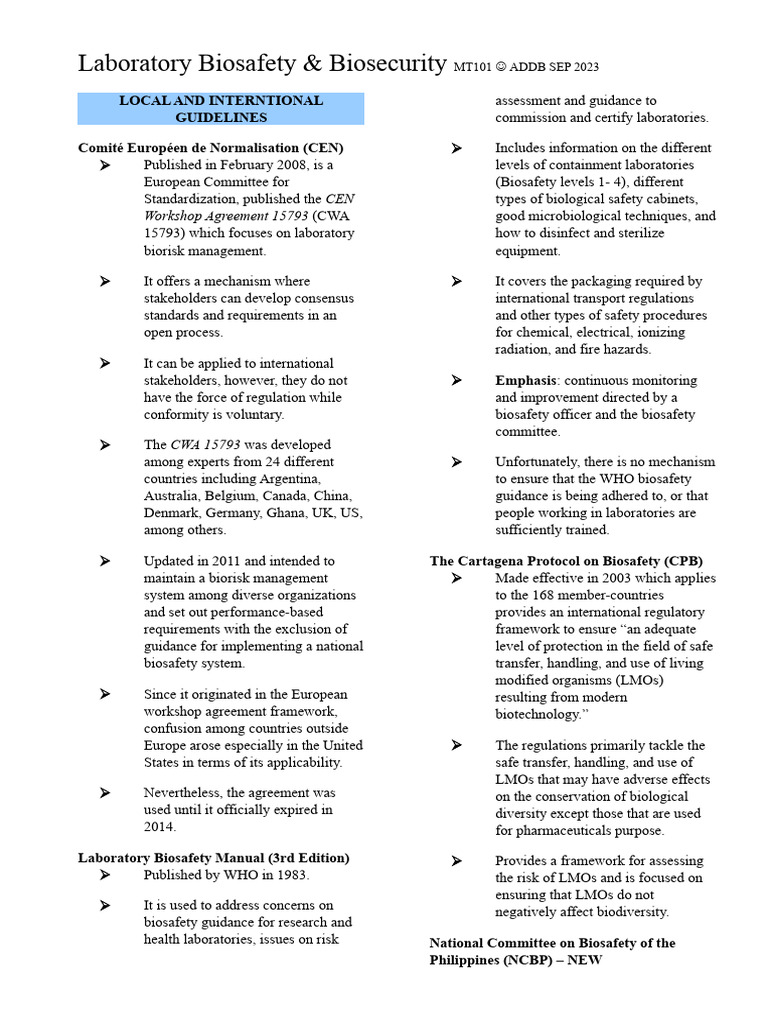 Local And International Guidelines On Laboratory Biosafety And Biosecurity Pdf