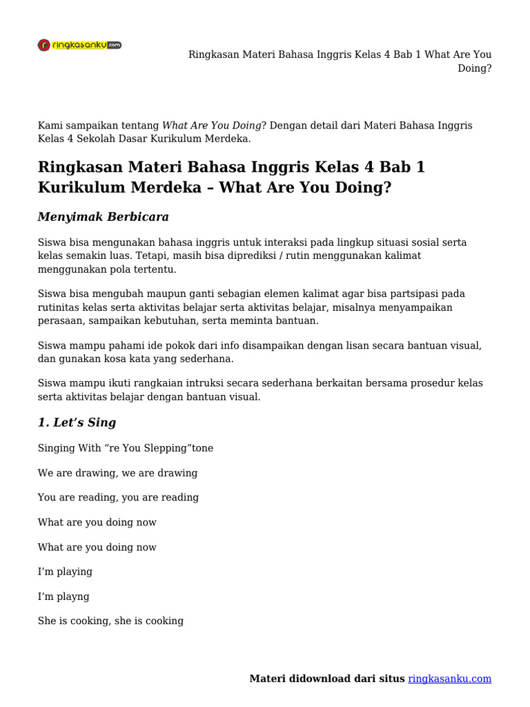 Ringkasan Materi Bahasa Inggris Kelas 4 Bab 1 What Are You Doing | PDF