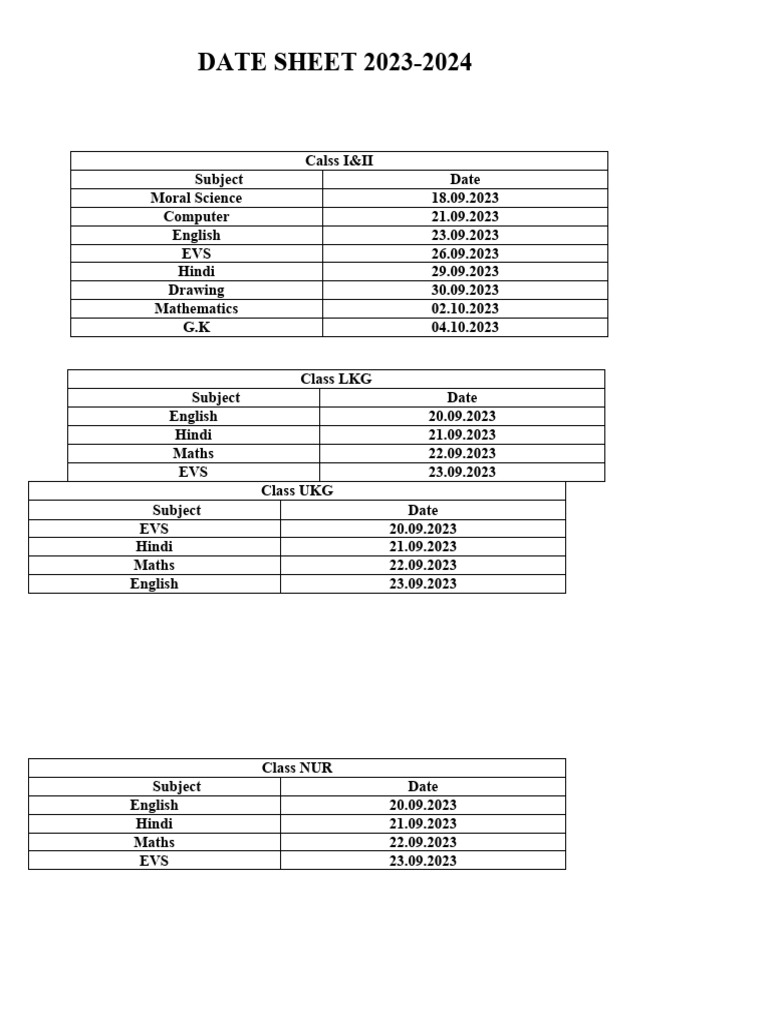 Date Sheet 1 2 and Ukg LKG Nur | PDF