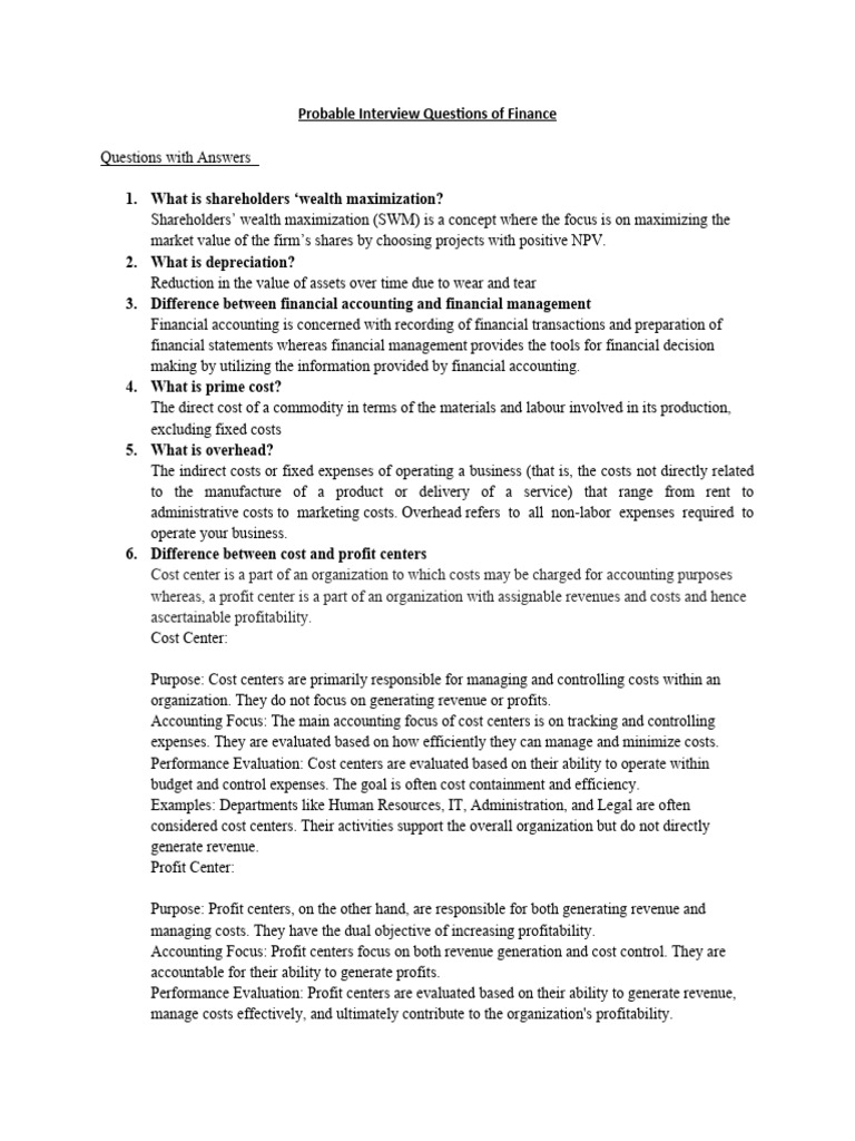 Fin Interview Q&A | PDF | Financial Risk | Beta (Finance)