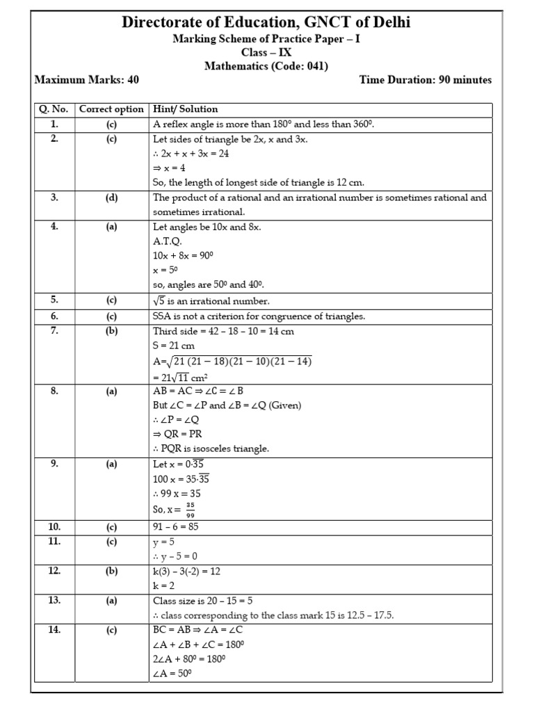 Class IX Mathematics Practice Paper Marking Scheme | PDF | Euclidean ...