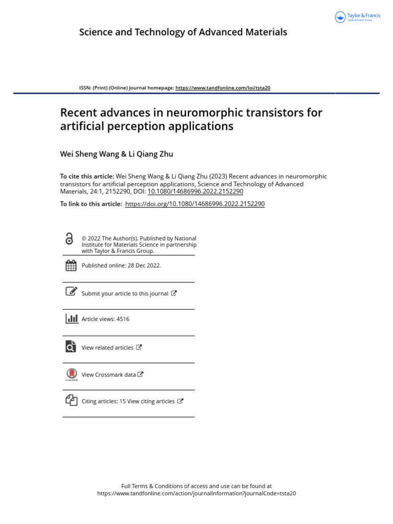 Recent Advances in Neuromorphic Transistors For Artificial Perception Applications | PDF