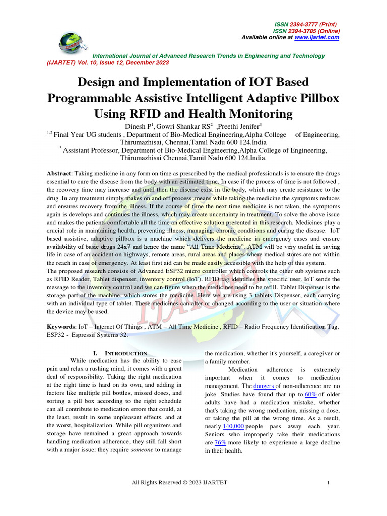 Design and Implementation of IOT Based Programmable Assistive Intelligent Adaptive Pillbox Using ...