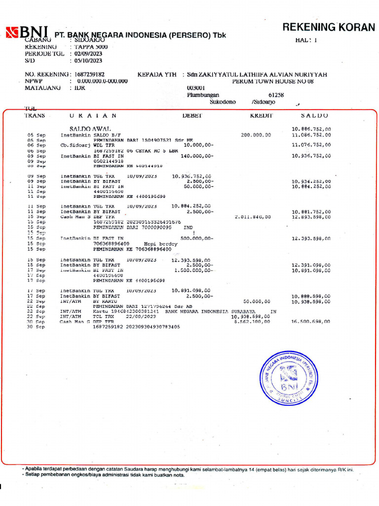 Rekening Bni Zakiyatul | PDF