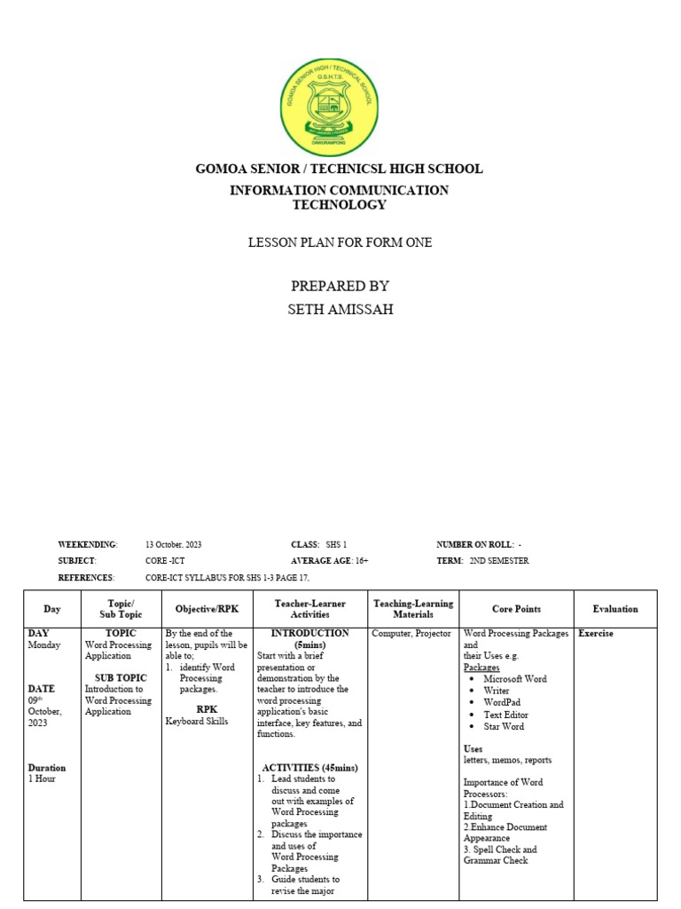 Word Lesson Plan | PDF | Word Processor | Application Software