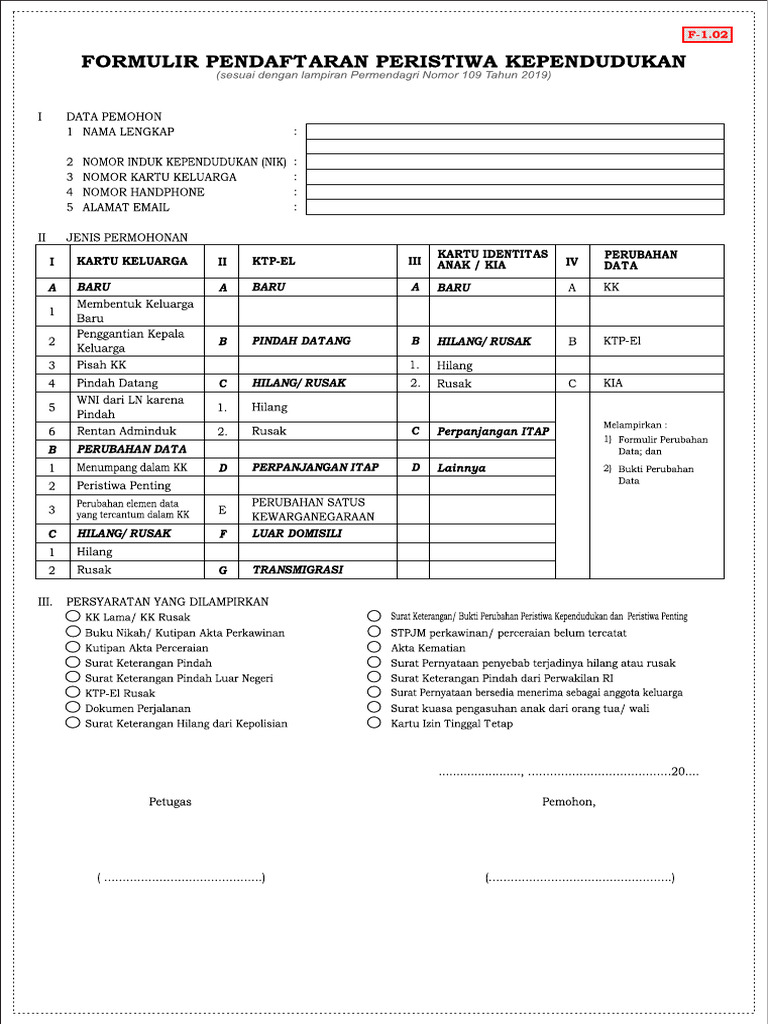 F-1.02 Formulir Pendaftaran Peristiwa Kependudukan | PDF
