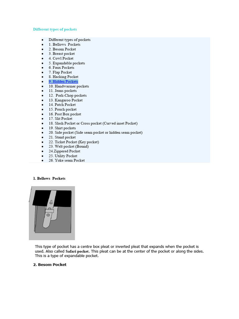 Different Types of Fashion Pockets | PDF | Trousers | Clothing