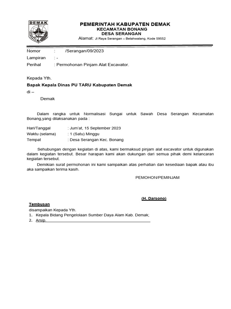 Permohonan Pinjam Alat Excavator | PDF