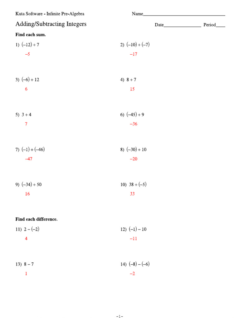 Adding Subtracting Integers Answers | PDF