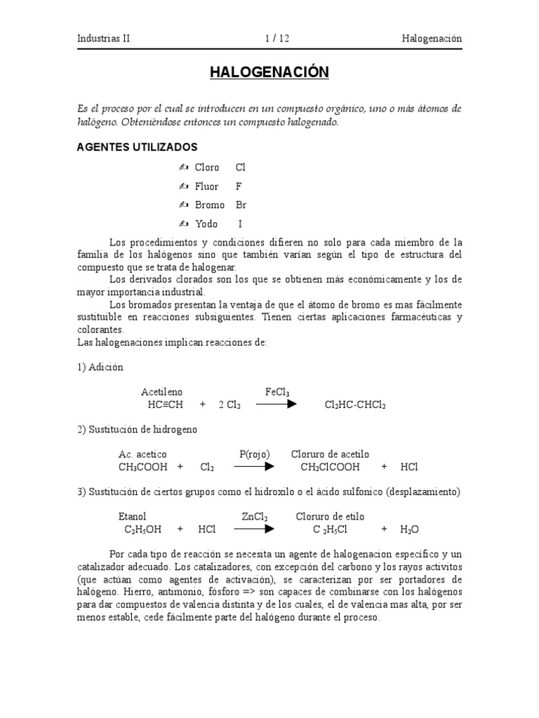Resumen - 15+halogenacion | PDF | Ácido clorhídrico | Cloro