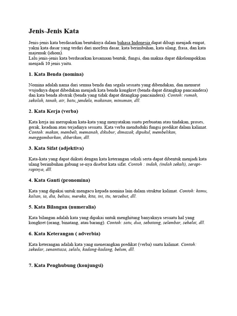 Jenis-Jenis Kata Dalam Bahasa Indonesia | PDF | Seni & Disiplin Bahasa | Kajian Bahasa Asing