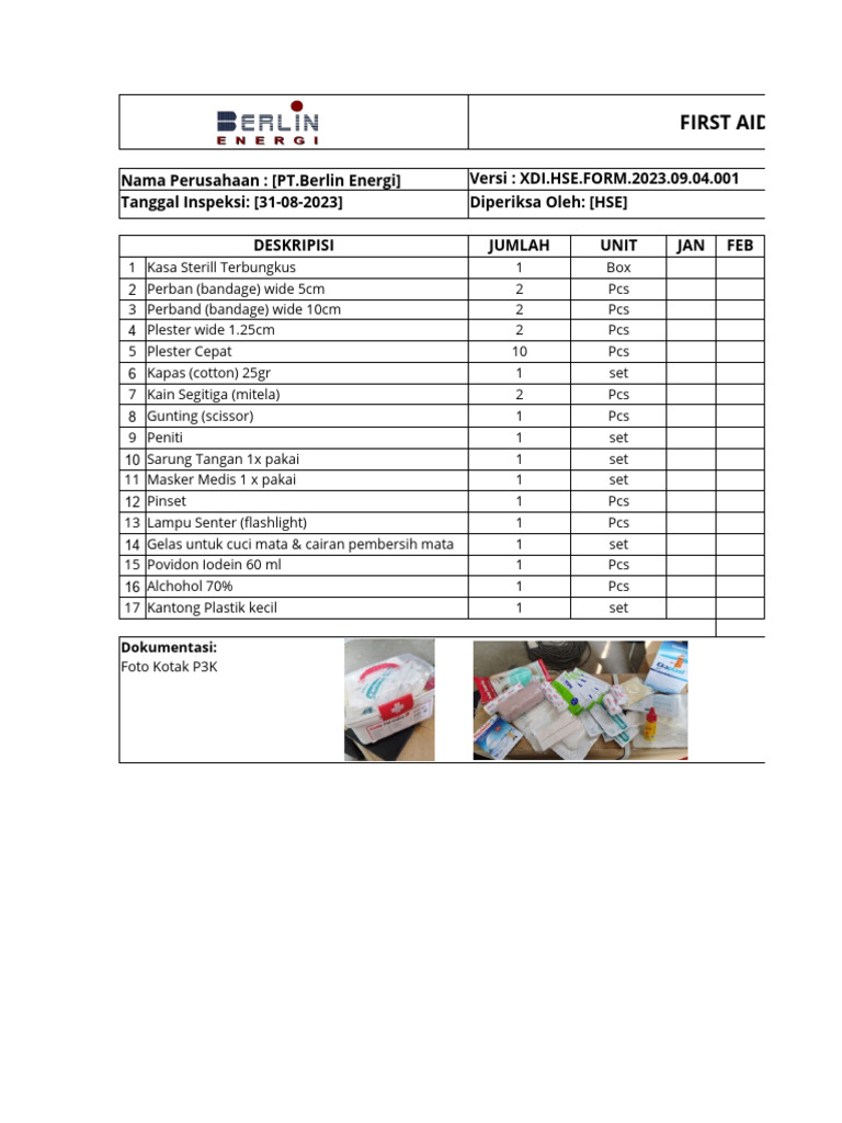 Copy of HSE_FORM_FIRST AID INSPECTION CHECKLIST V.1.0 | PDF