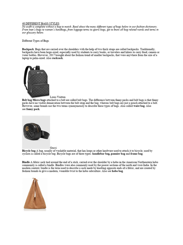 Types of Bags | PDF | Backpack | Handbag