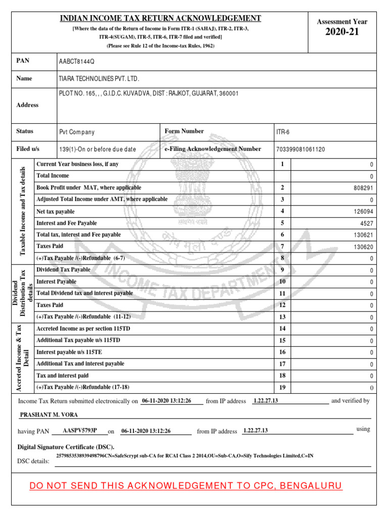 Indian Income Tax Return Acknowledgement: Do Not Send This ...