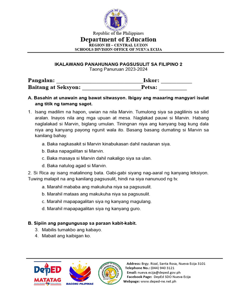 Filipino 2 Ikalawang Markahang Pagsusulit | PDF