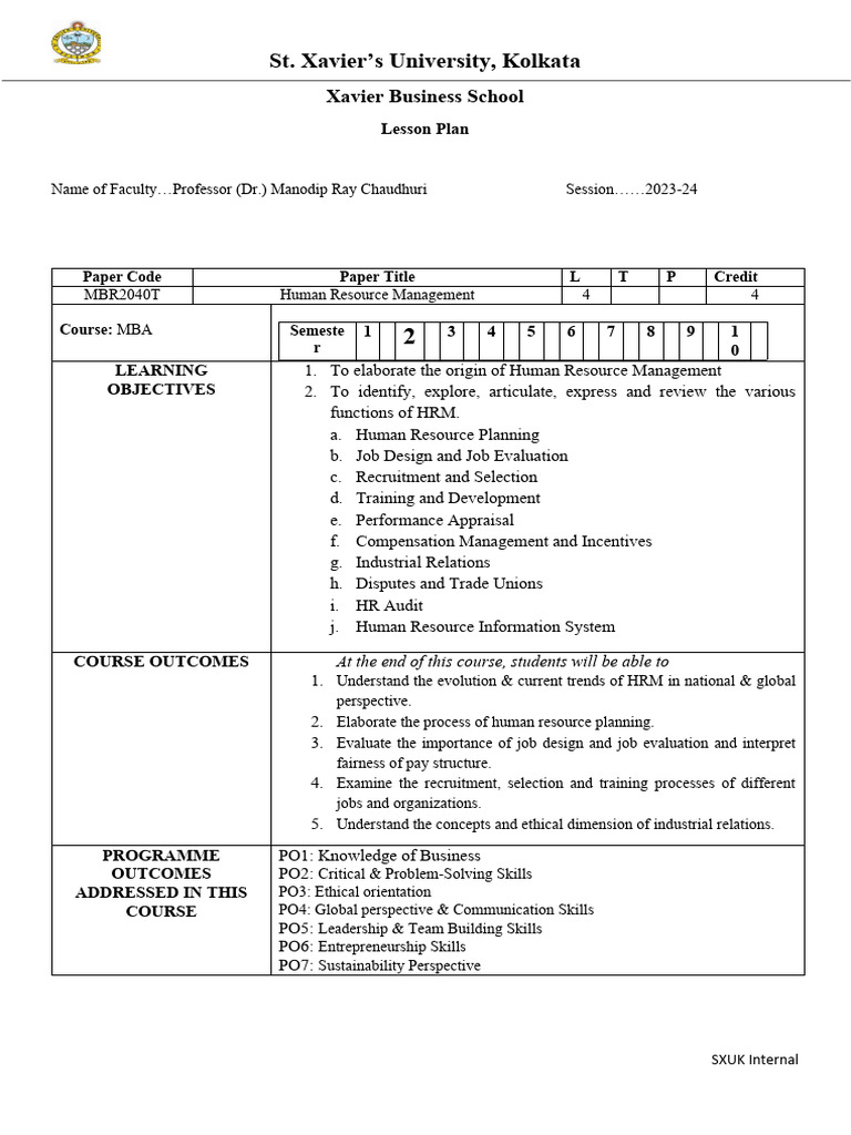 Mbr2040t HRM Lesson Plan | PDF