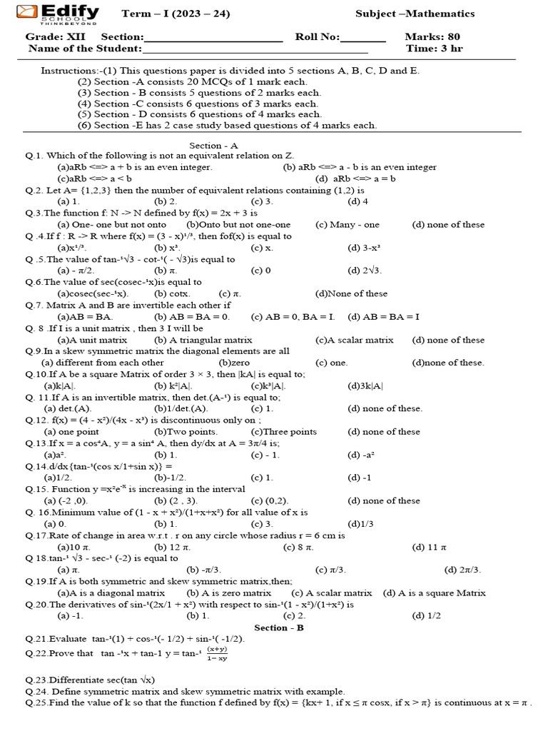 Grade 12 Mathematics Term I Exam Paper | PDF | Matrix (Mathematics ...