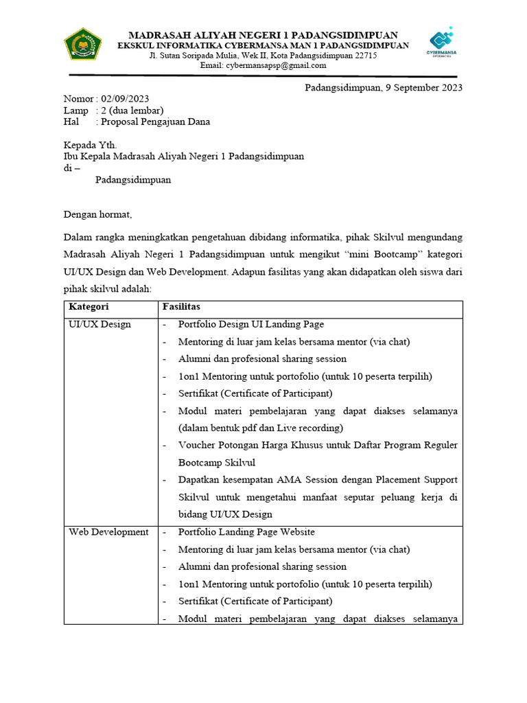 Surat Proposal Pengajuan Dana Mini Bootcamp Skilvul | PDF | Komputer