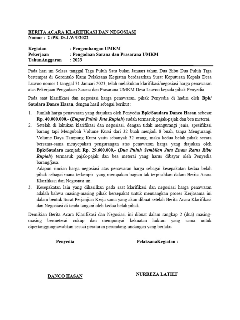 Berita Acara Klarifikasi Dan Negosiasi | PDF