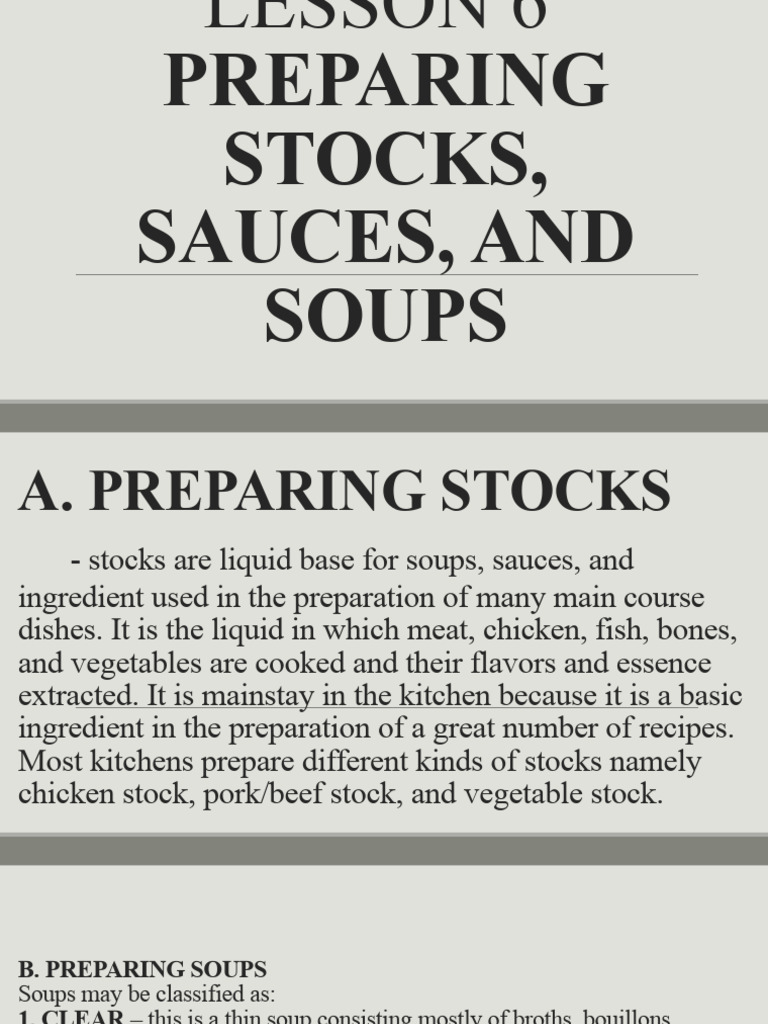 Lesson Vi - Preparing Stocks, Sauces, and Stocks | PDF | Soup | Sauce