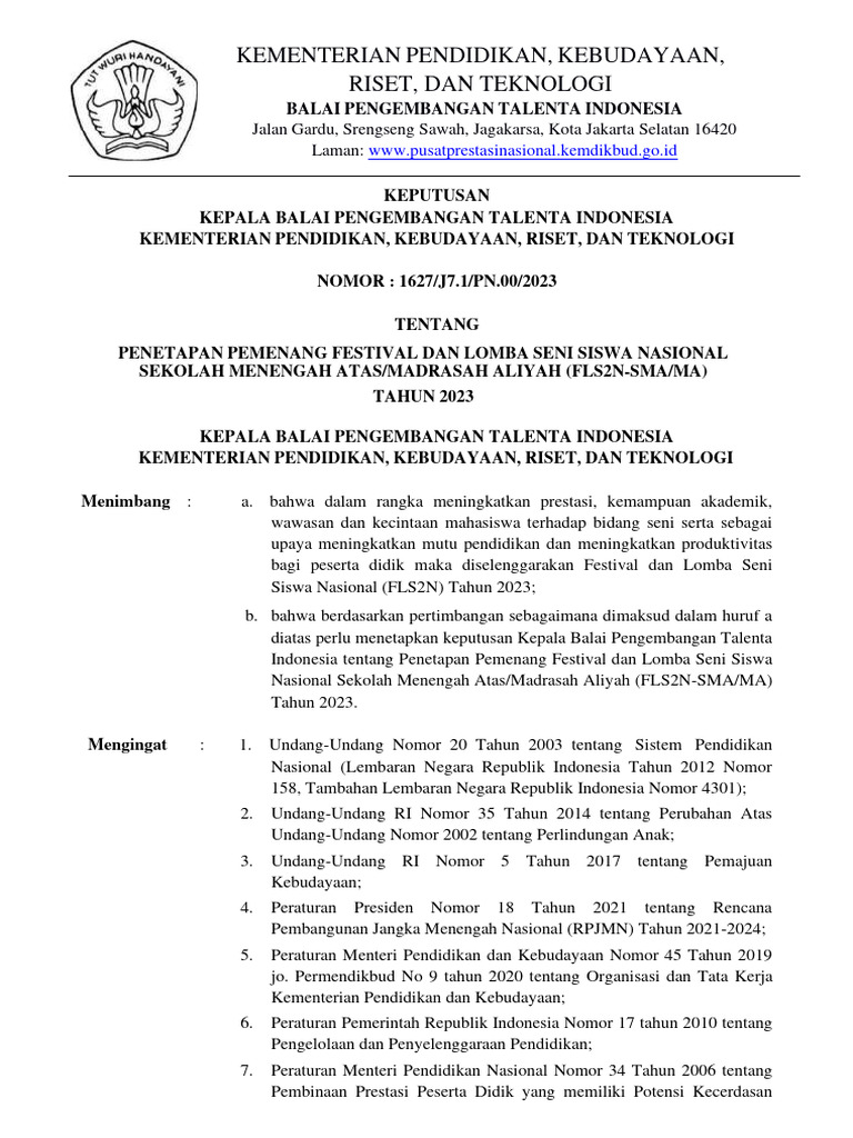 Pemenang FLS2N SMA 2023 Diumumkan | PDF