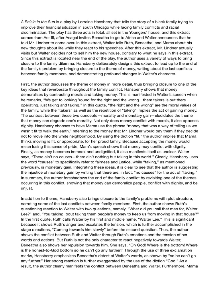 A Raisin in The Sun Summative Essay | PDF