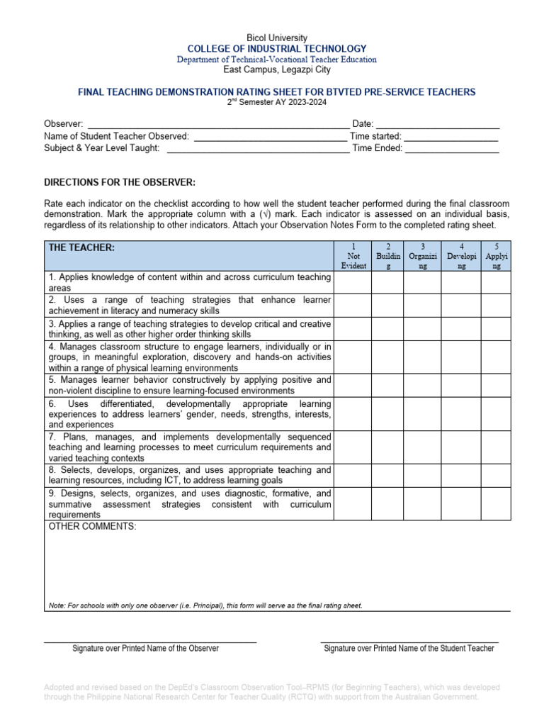 Final Teaching Demonstration - Rating Sheet 2023 | PDF | Learning | Teachers