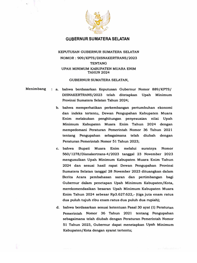 Upah Minimum Muara Enim 2024 Rp3 627 622 Pdf
