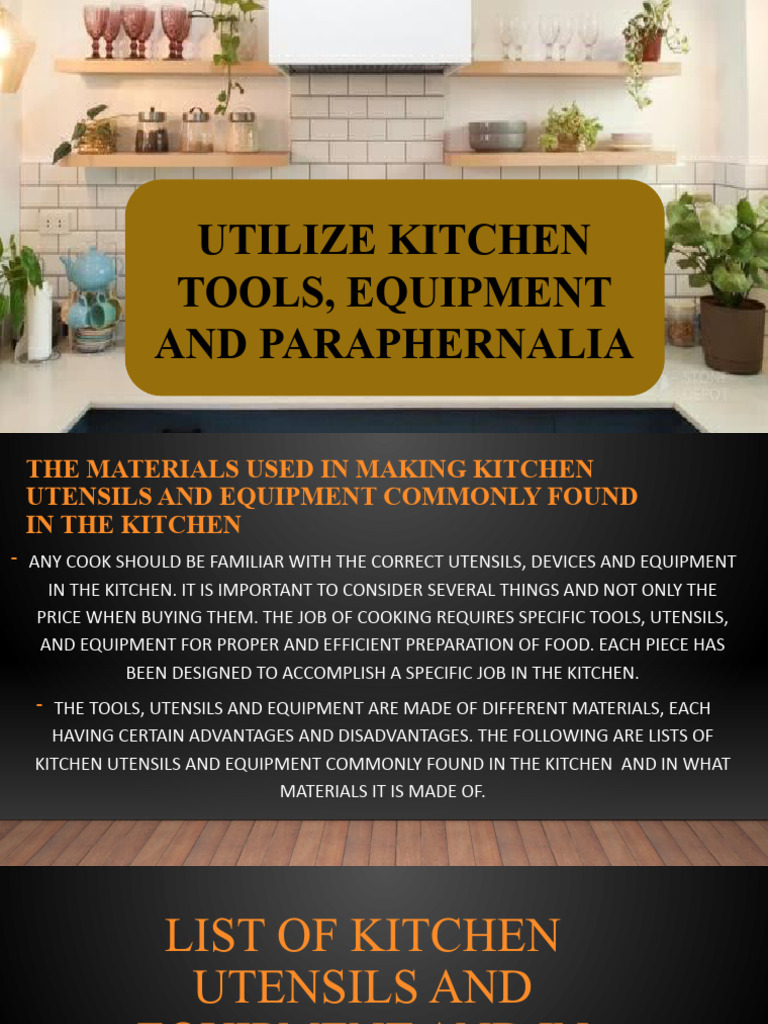 Grade 7 Utilizing Kitchen Tools, Equipment & Paraphernalia | PDF ...