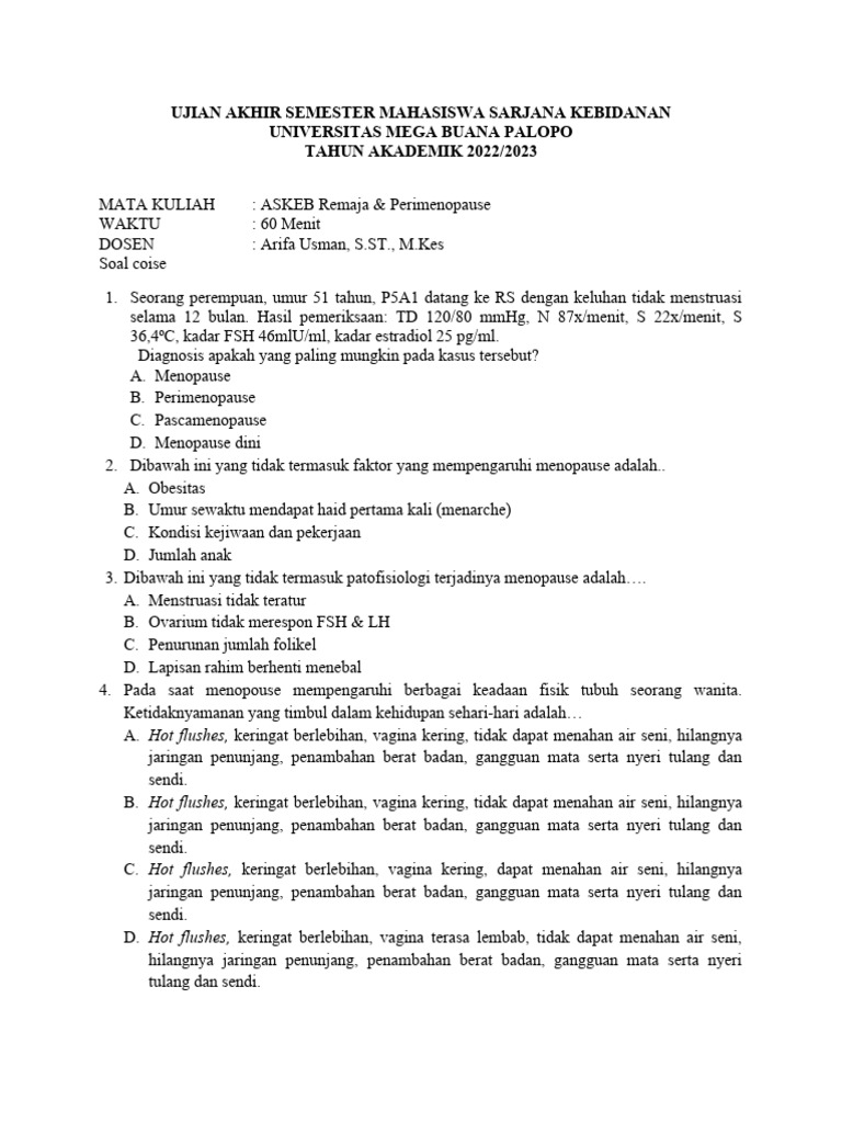 Soal Uas Askeb Remaja & Perimenopause | PDF