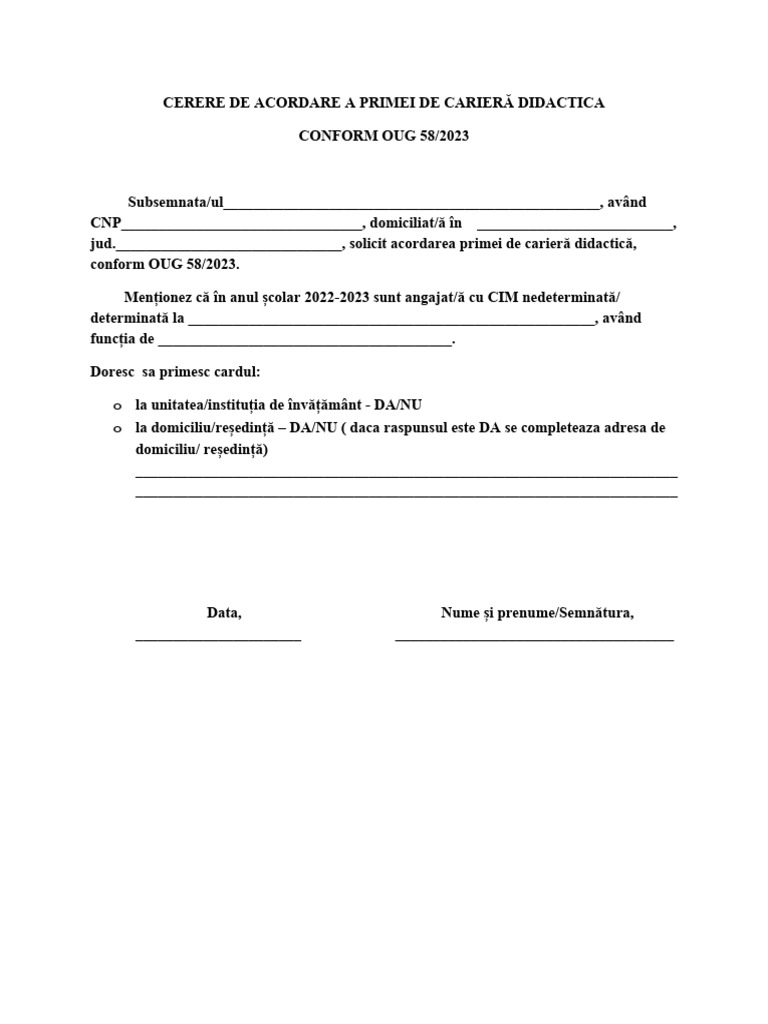 Cerere Prima Cariera Didactica 2023 | PDF