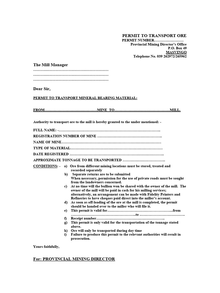 Ore Mov Permit Form | PDF | Mining | Minerals