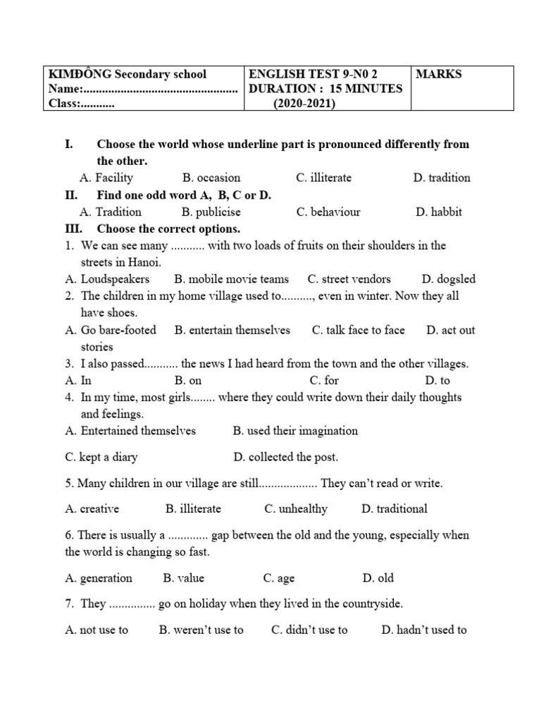 Đề 15p anh 9 hk1 | PDF