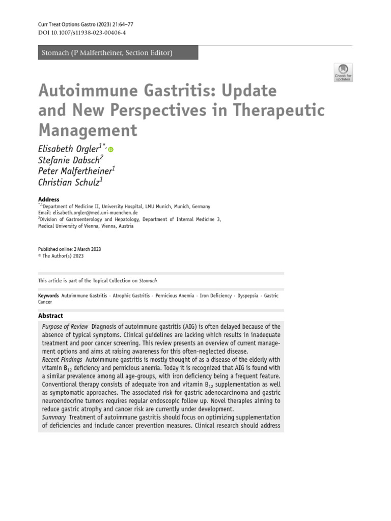 Autoimmune Gastritis: Update and New Perspectives in Therapeutic ...