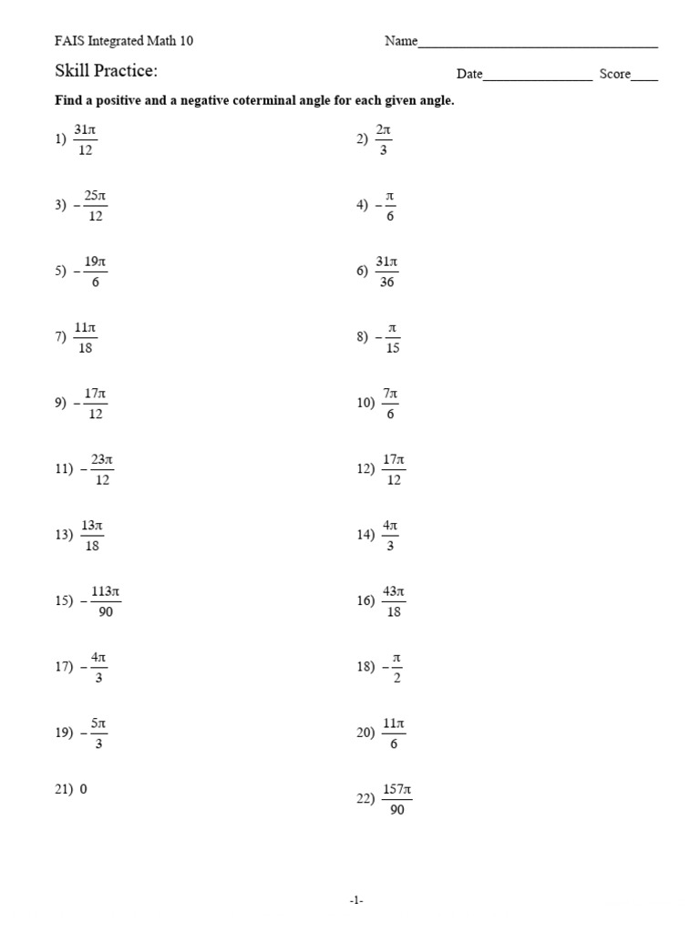 Coterminal Angles Practice Worksheet | PDF
